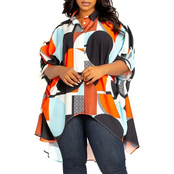 BUXOM COUTURE Mixed Geo Print High-low Shirt - Orange Multi