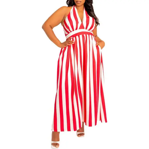 BUXOM COUTURE Stripe Halter Maxi Dress