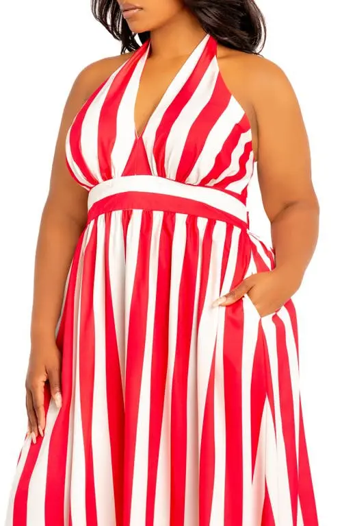 BUXOM COUTURE Stripe Halter Maxi Dress
