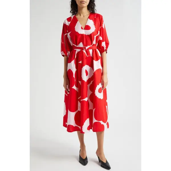 Marimekko Aiva Unikko Floral Puff Sleeve Belted Cotton & Linen Dress In Red  Light Pink - 48% Off | Editorialist