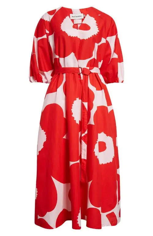 Marimekko Aiva Unikko Floral Puff Sleeve Belted Cotton & Linen Dress In Red  Light Pink - 48% Off | Editorialist