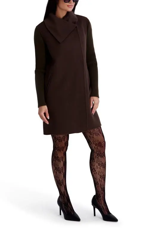 KENNETH COLE Rib Sleeve Mixed Media Coat - Chocolate