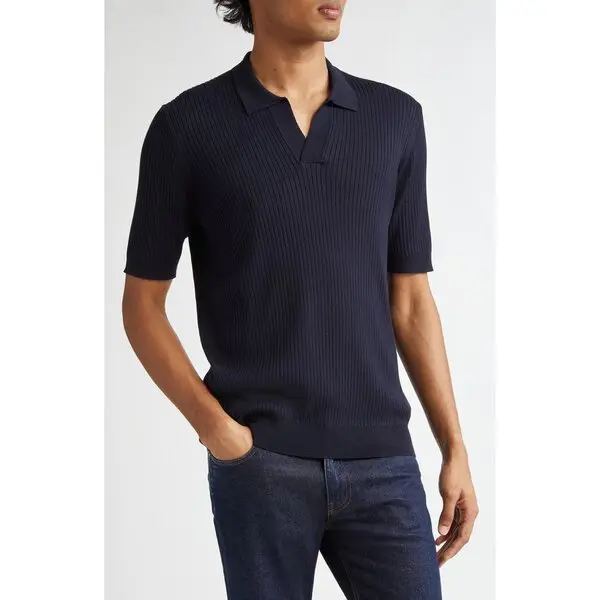 Sunspel Fine Rib Silk & Cotton Polo - Navy