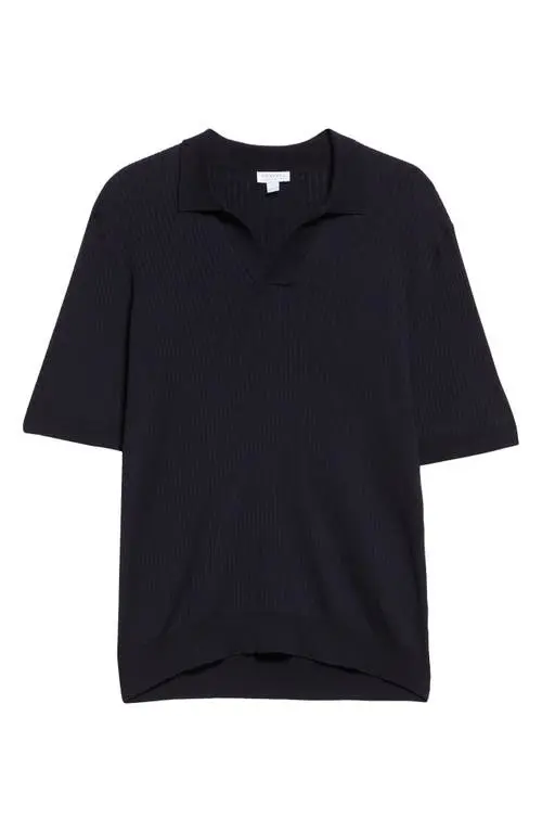 Sunspel Fine Rib Silk & Cotton Polo - Navy