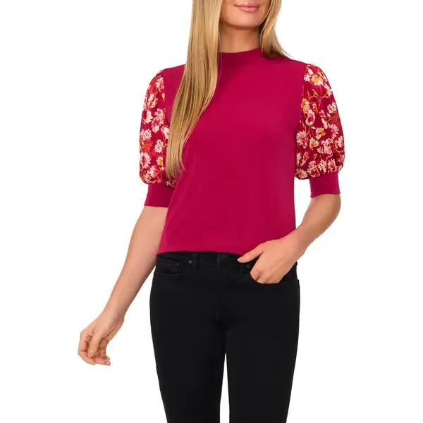 CECE DUPRAZ Floral Puff Sleeve Mock Neck Top
