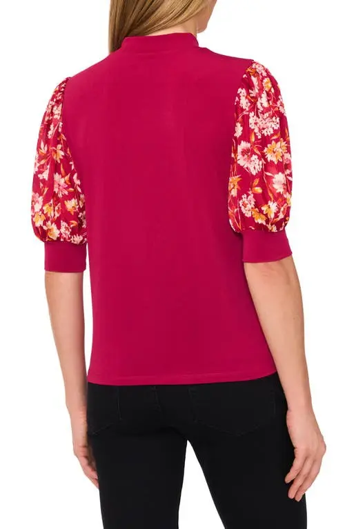 CECE DUPRAZ Floral Puff Sleeve Mock Neck Top