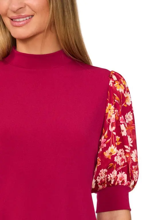 CECE DUPRAZ Floral Puff Sleeve Mock Neck Top
