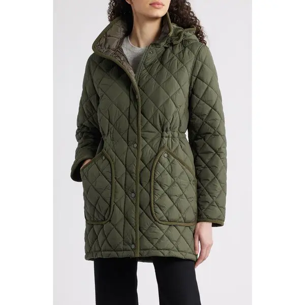 Bernardo Diamond Quilted Puffer Coat With Hood - Olive