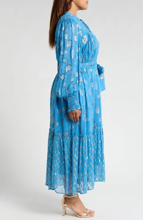 ciebon metallic dress Ciebon Eryn Metallic Print Tie Waist Long Sleeve Maxi Dress In Magenta