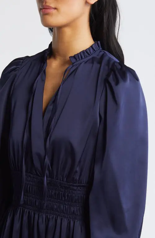 Eliza J Ruffle Trim Long Sleeve Satin Dress In Navy - 60% Off | Editorialist