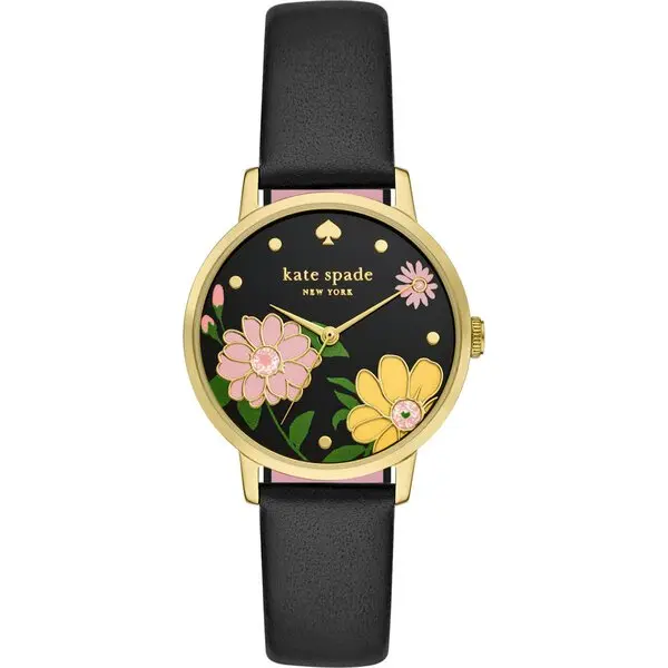 Kate Spade New York Metro Floral Dial Leather Strap Watch In  display picture 1