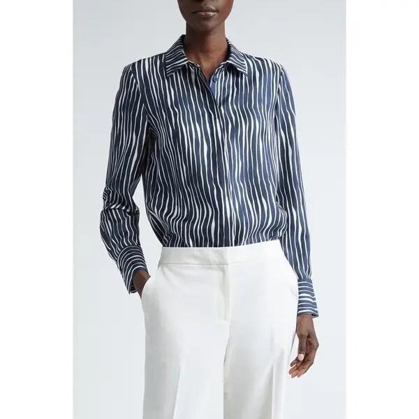 Lafayette 148 New York Scottie Stripe Silk Twill Shirt