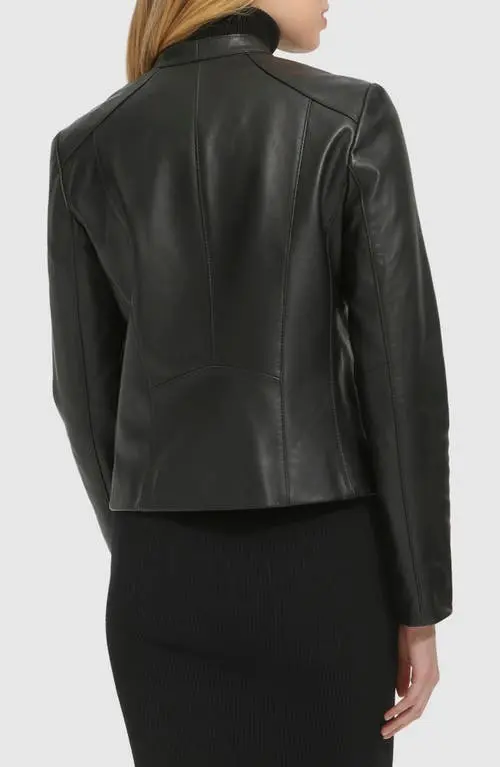 Cole Haan Band Collar Leather Moto Jacket In Black 34% Off