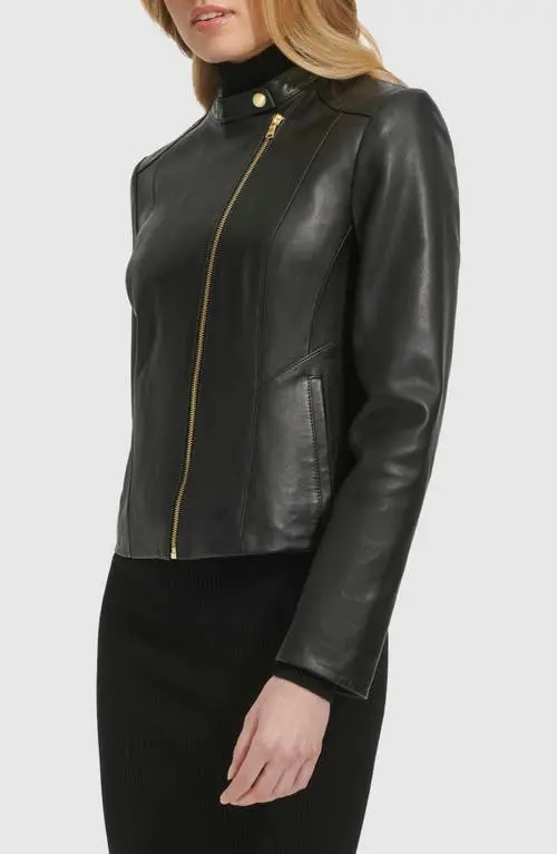 Cole Haan Band Collar Leather Moto Jacket - Black