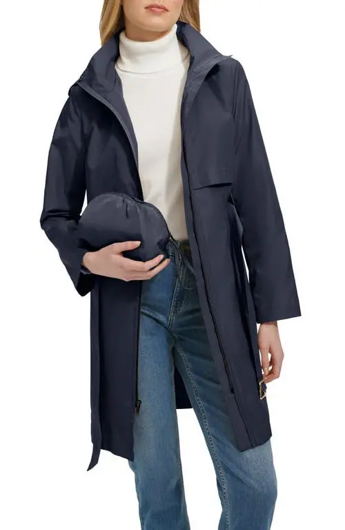 Cole Haan Belted Packable Hooded Rain Jacket - Indigo