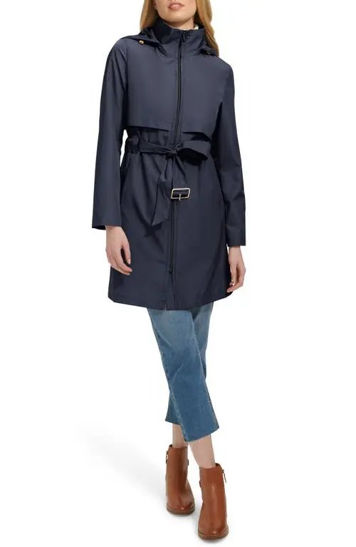 Cole Haan Belted Packable Hooded Rain Jacket - Indigo