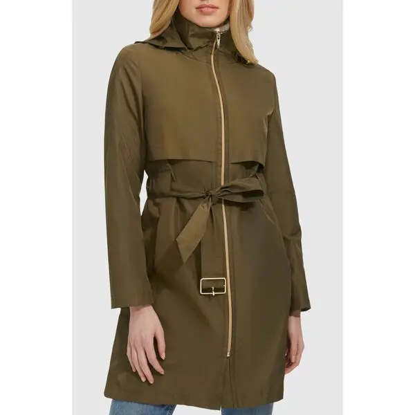 Cole Haan Belted Packable Hooded Rain Jacket - Olive
