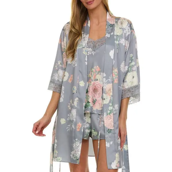 Flora Nikrooz Sabrina Floral Print Satin Short Pajamas & Robe Set - Cool Grey