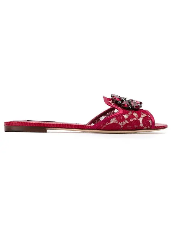Dolce & Gabbana Crystal Lace Flat Slides - Red