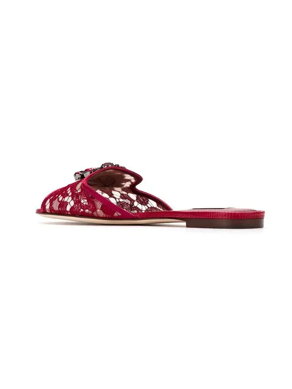 Dolce & Gabbana Crystal Lace Flat Slides - Red