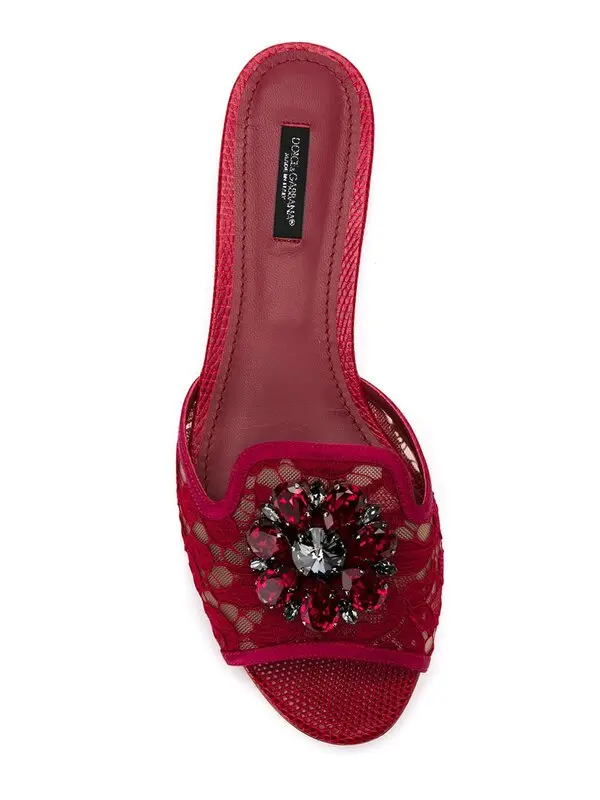 Dolce & Gabbana Crystal Lace Flat Slides - Red
