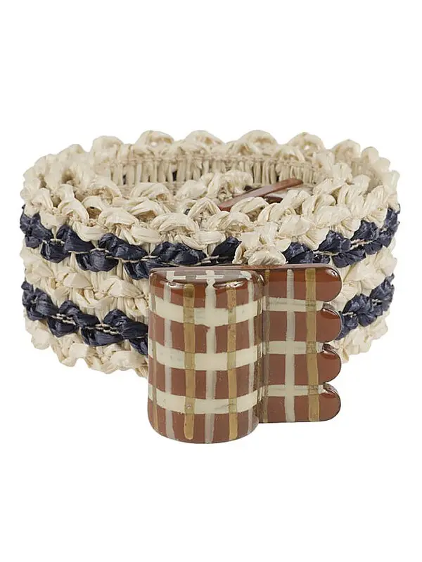 EXQUISITE J Striped Raffia Belt - Beige