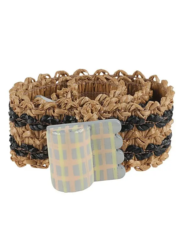 EXQUISITE J Striped Raffia Belt - Brown