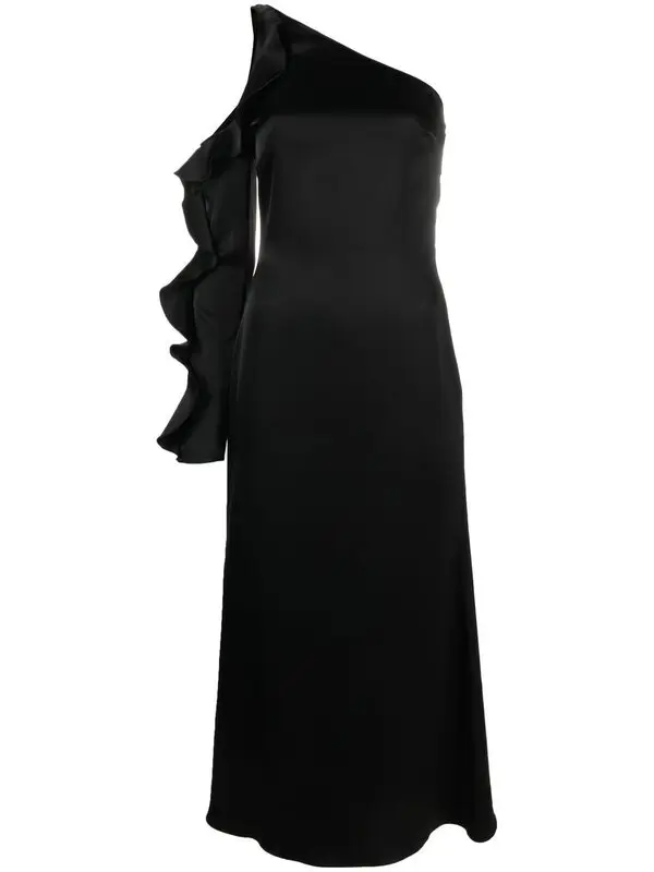 David Koma Ruffle Detail One Shoulder Midi Dress - Black
