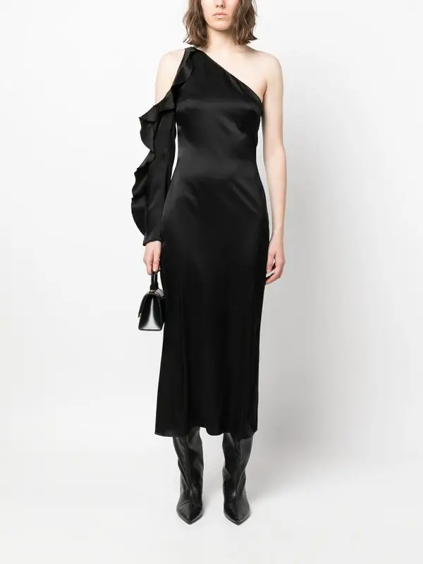 David Koma Ruffle Detail One Shoulder Midi Dress - Black