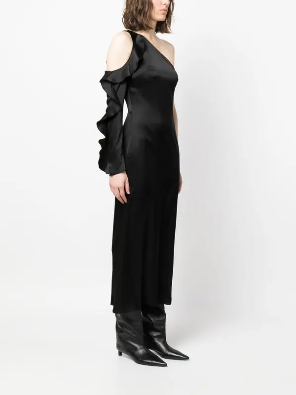 David Koma Ruffle Detail One Shoulder Midi Dress - Black