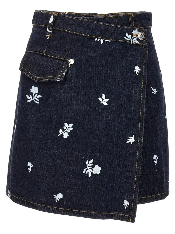 LANVIN All-over Embroidered Denim Skirt - Blue