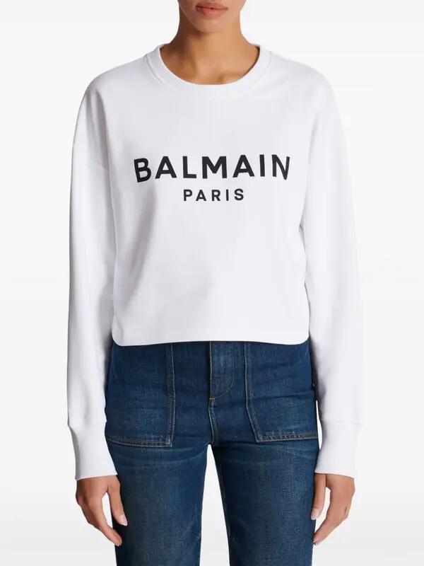 Balmain Logo Organic Cotton Cropped Sweatshirt - White