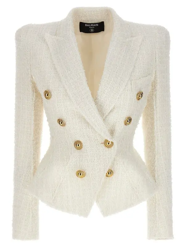 Balmain Double Breasted Tweed Blazer With Logo Buttons