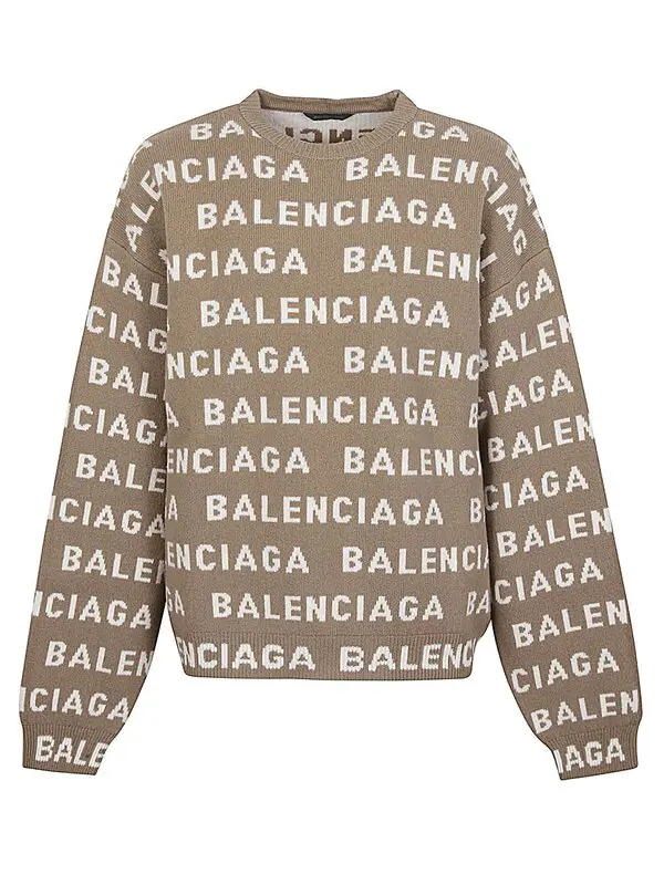 Balenciaga Allover Logo Crewneck Sweater - Beige