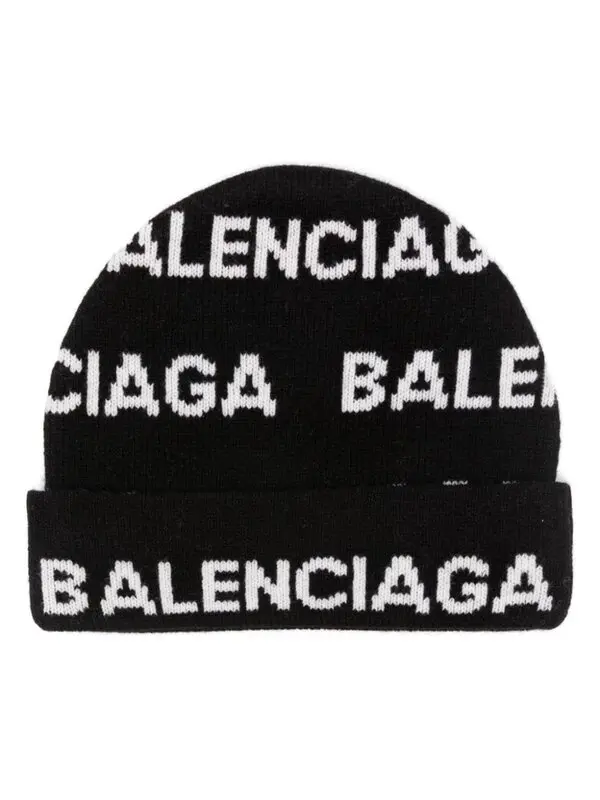 Balenciaga Bal Horizontal Allover Wool Beanie In Black - 10  display picture 1