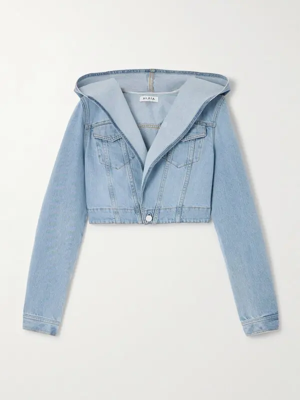 Alaïa Cropped Denim Jacket With Hood - Blue