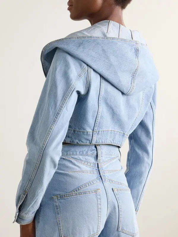 Alaïa Cropped Denim Jacket With Hood - Blue