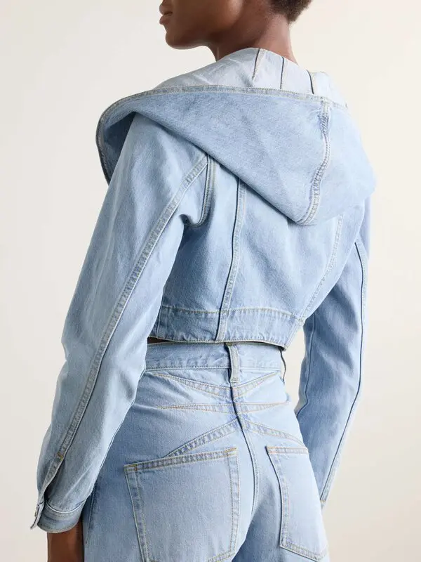 Alaïa Cropped Denim Jacket With Hood - Blue