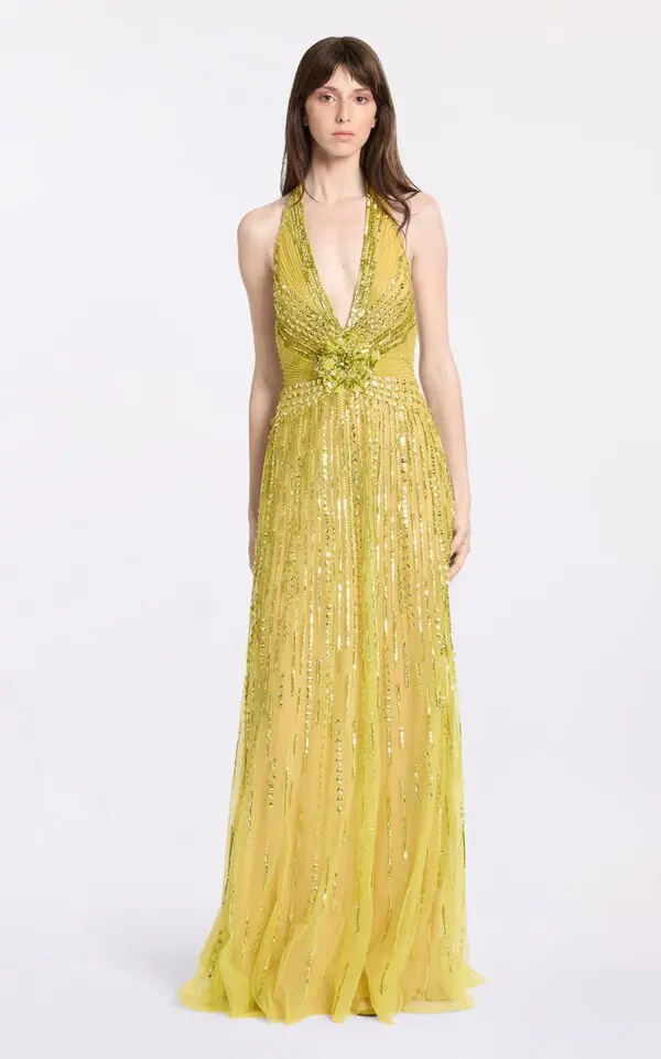 green emerald velvet dress Sequin Embellished Off-The-Shoulder Dress  ELIE SAAB