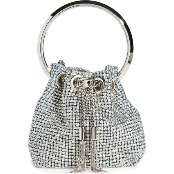 JIMMY CHOO Micro Bon Bon Crystal Mesh Top Handle Pouch - Silver