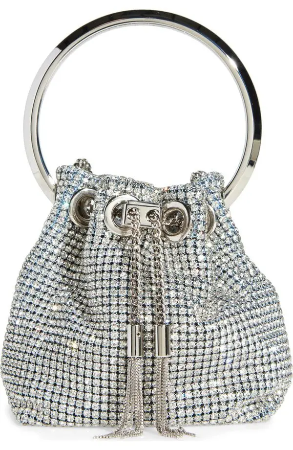 JIMMY CHOO Micro Bon Bon Crystal Mesh Top Handle Pouch - Silver