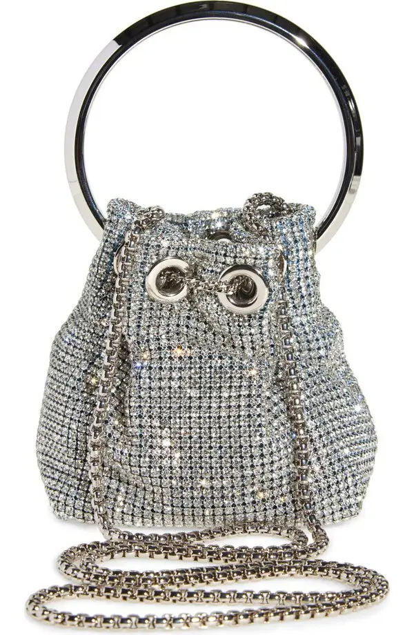 JIMMY CHOO Micro Bon Bon Crystal Mesh Top Handle Pouch - Silver