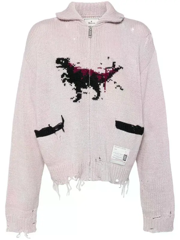 Mihara Yasuhiro Dinosaur-intarsia Distressed Cardigan - Pink