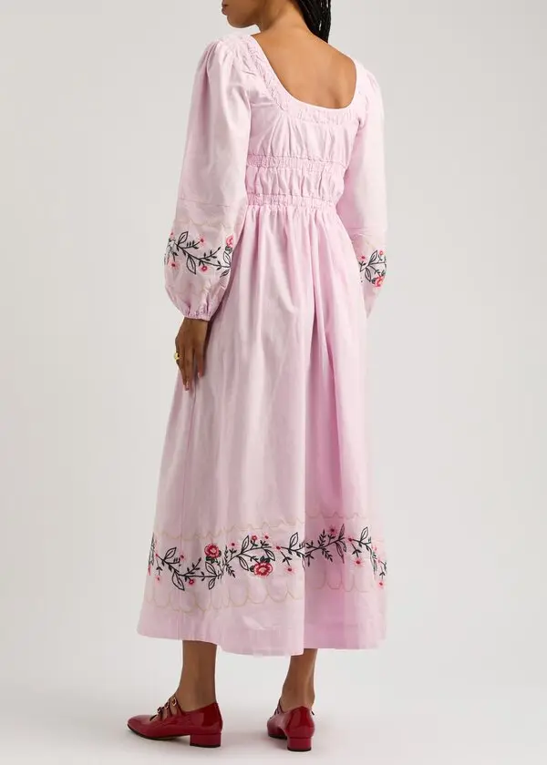 Damson Madder Dakota Floral-Embroidered Cotton Midi Dress - Pink |  Editorialist