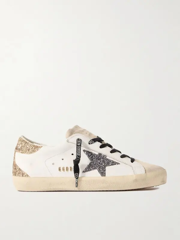 GOLDEN GOOSE Super-star Distressed Glittered Leather Sneakers - White