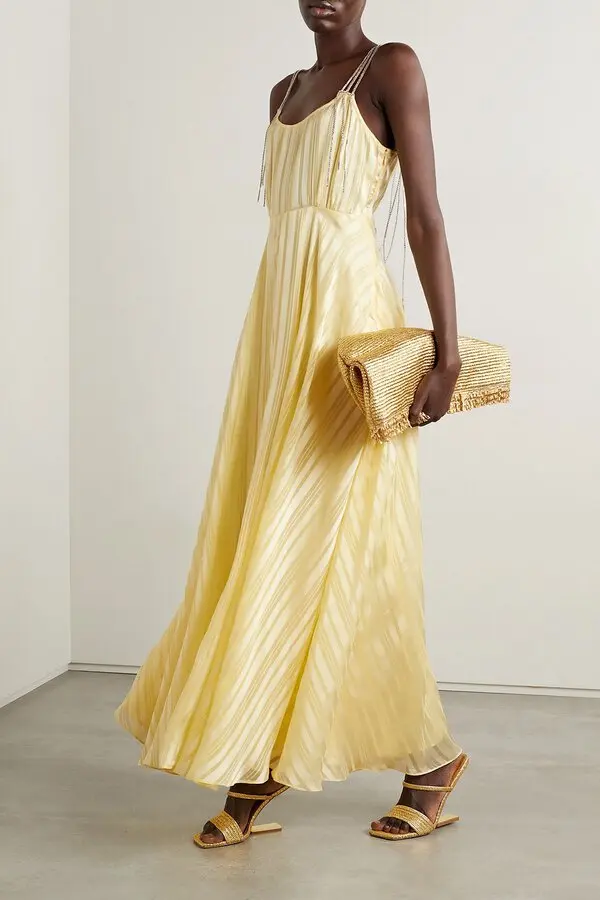 chinese dress ladies LOVE SHACK FANCY Yellow Gold & Silver Silk Blend Stars Maxi Length Dress   ReturnStyle