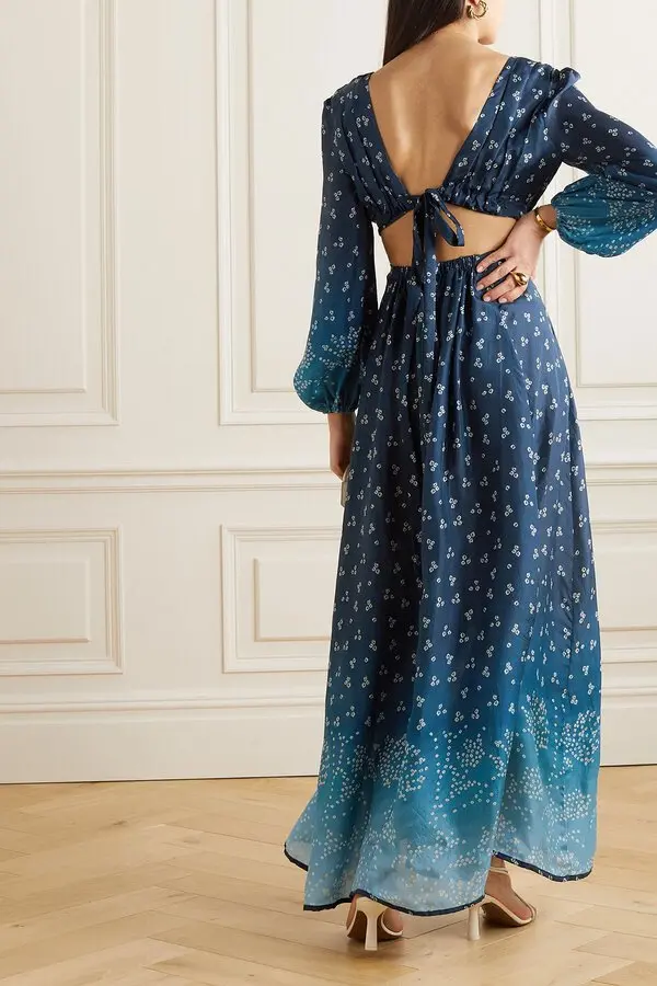 Hannah Emery Open-Back Printed Silk-Habotai Maxi Dress In Navy - 65% Off