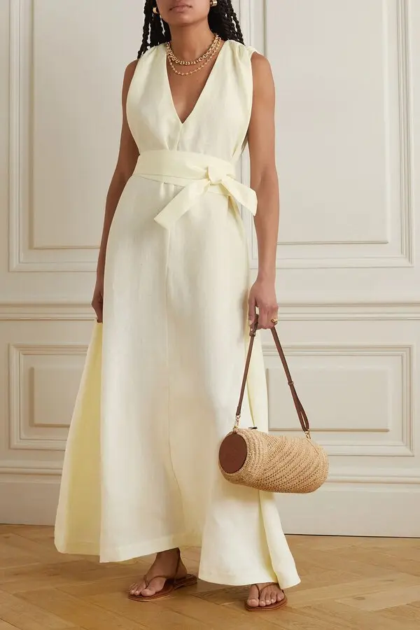 chinese dress ladies Linen Maxi Belted Dress