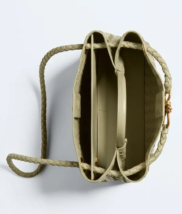 Bottega Veneta Andiamo Intrecciato Leather Top Handle Bag - Travertine