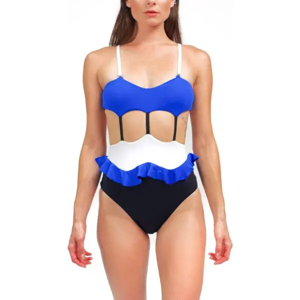 MARY MERCEDES Mitchy One-piece Swimsuit With Ruffle Waist - White/black/royal Blue